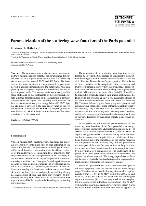 (PDF) Parametrization of the scattering wave functions of the Paris ...