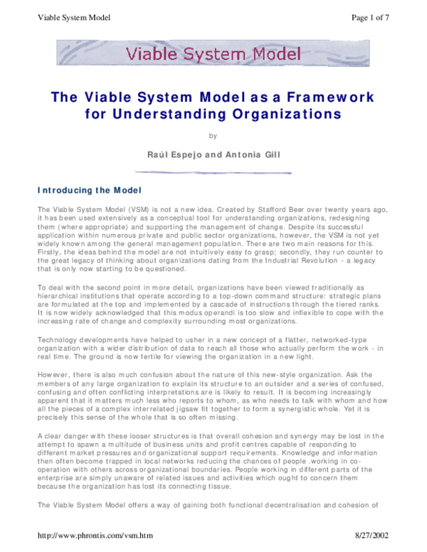 (PDF) The Viable System Model as a Framework for Understanding Organizations