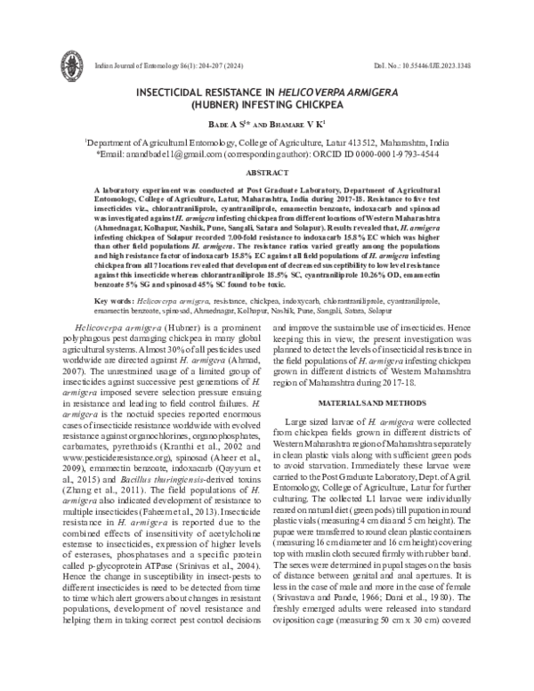 (PDF) INSECTICIDAL RESISTANCE IN HELICOVERPA ARMIGERA (HUBNER) INFESTING CHICKPEA | VK Bhamare ...