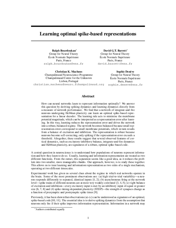 (PDF) Learning optimal spike-based representations