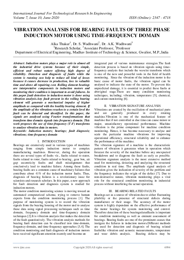 Pdf Vibration Analysis For Bearing Faults Of Three Phase Induction Motor Using Time Frequency
