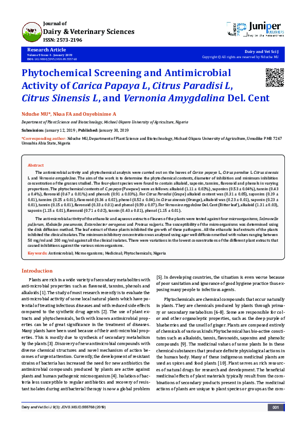 (PDF) Phytochemical screening and antimicrobial activities of the leaves extracts of Ficus ...
