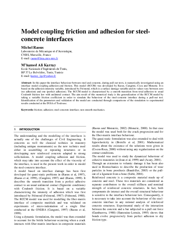 Pdf Model Coupling Friction And Adhesion For Steel Concrete Interfaces