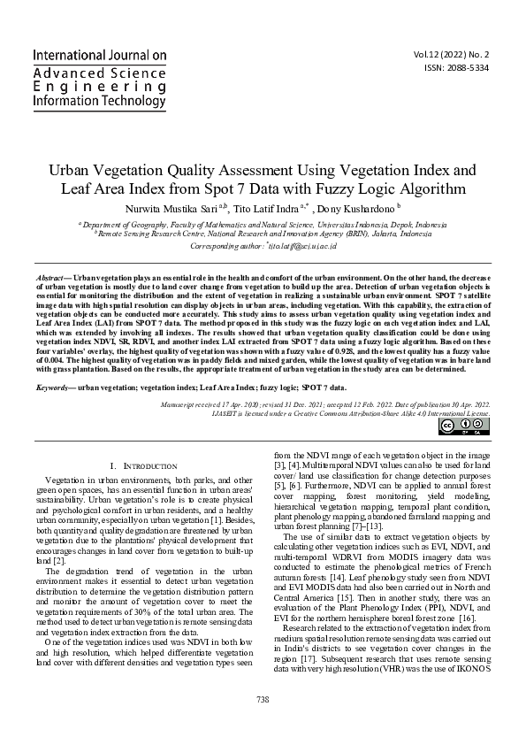 (PDF) Urban Vegetation Quality Assessment Using Vegetation Index and Leaf Area Index from Spot 7 ...