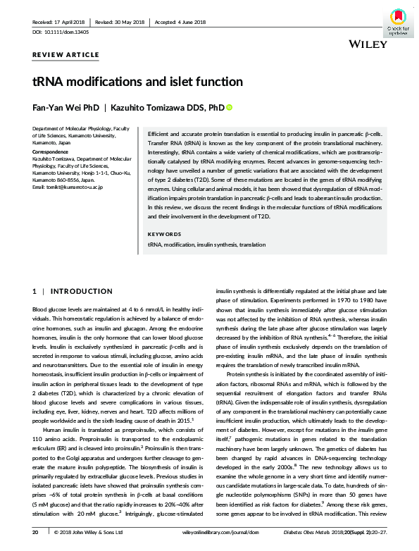 (PDF) tRNA modifications and islet function | Kazuhito Tomizawa ...