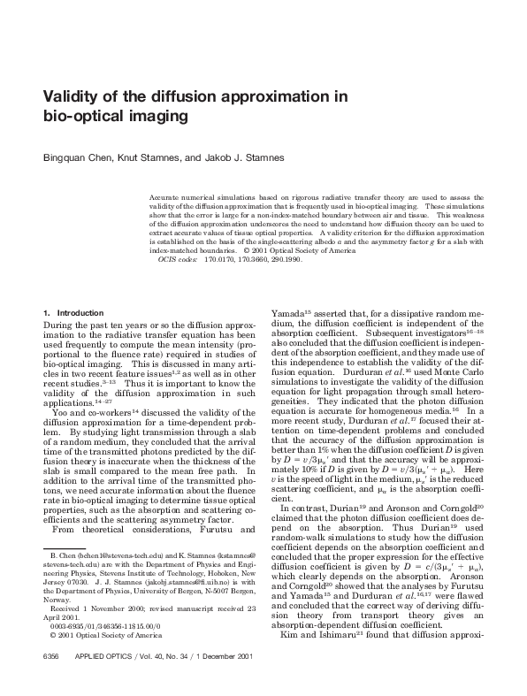 (PDF) Validity of the diffusion approximation in bio-optical imaging