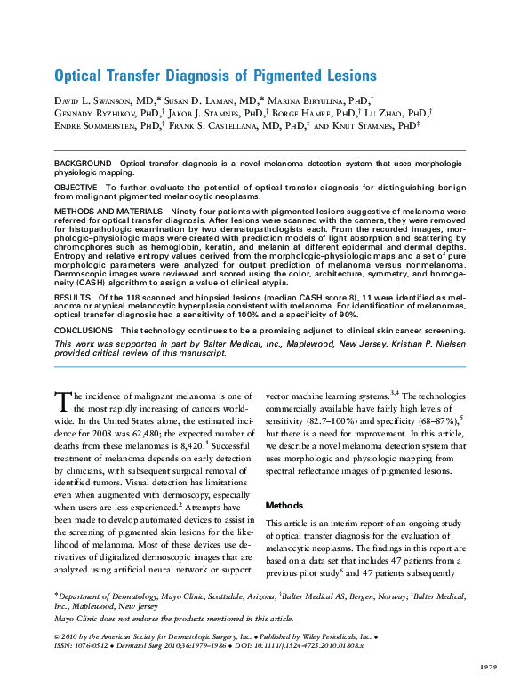 (PDF) Optical Transfer Diagnosis of Pigmented Lesions
