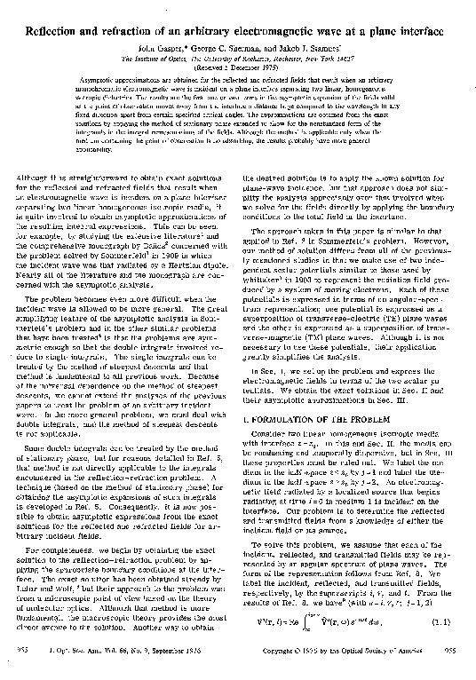 Pdf Reflection And Refraction Of An Arbitrary Electromagnetic Wave At A Plane Interface