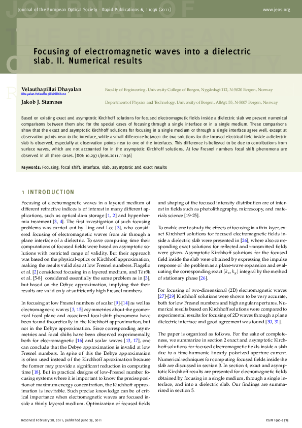 (PDF) Focusing of electromagnetic waves into a dielectric slab. II. Numerical results