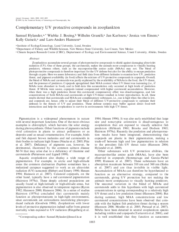 (PDF) Complementary UV protective compounds in zooplankton