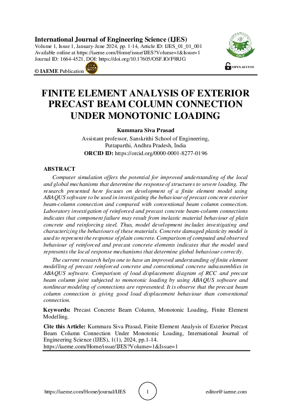 Pdf Finite Element Analysis Of Exterior Precast Beam Column Connection Under Monotonic Loading