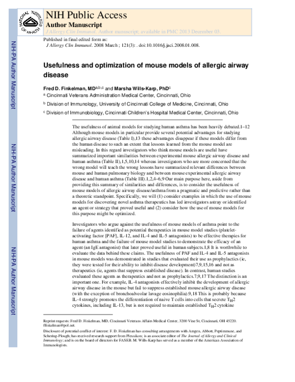 (PDF) Usefulness and optimization of mouse models of allergic airway ...