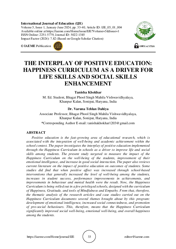 (PDF) THE INTERPLAY OF POSITIVE EDUCATION: HAPPINESS CURRICULUM AS A ...