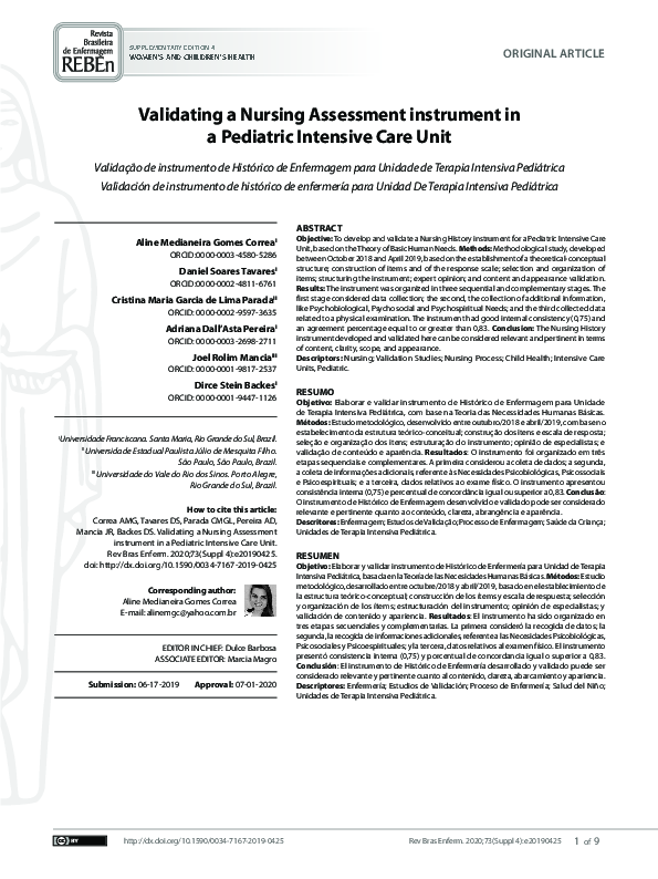 (PDF) Validating a Nursing Assessment instrument in a Pediatric ...
