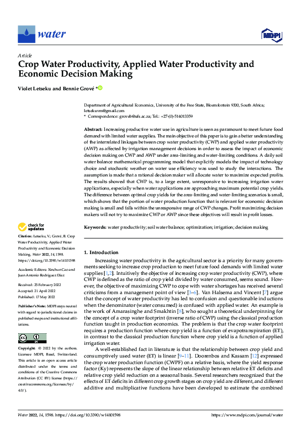 (PDF) Crop Water Productivity, Applied Water Productivity and Economic ...