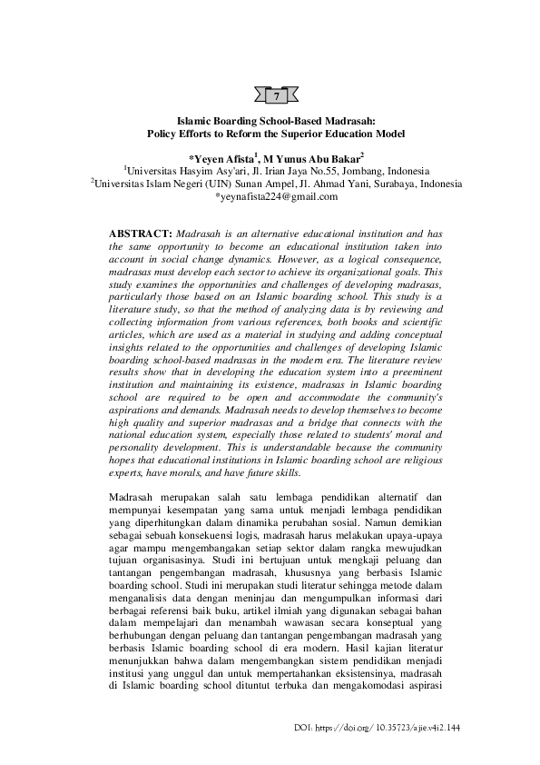 (PDF) Islamic Boarding School-Based Madrasah: Policy Efforts to Reform ...