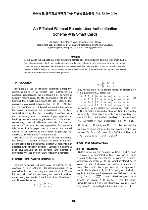 (PDF) An efficient bilateral remote user authentication scheme with smart cards