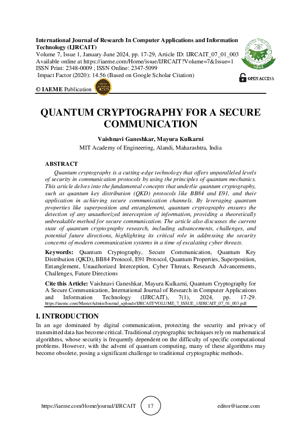 (PDF) QUANTUM CRYPTOGRAPHY FOR A SECURE COMMUNICATION