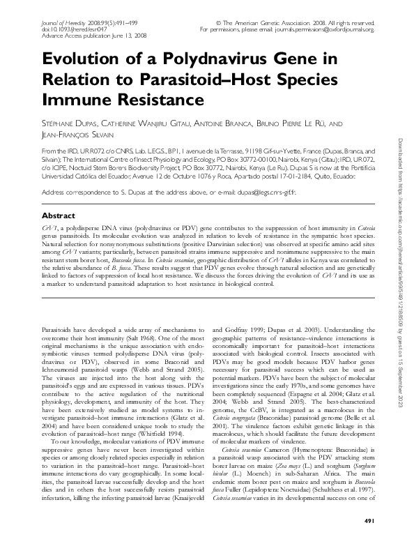 (PDF) Evolution of a Polydnavirus Gene in Relation to Parasitoid-Host ...