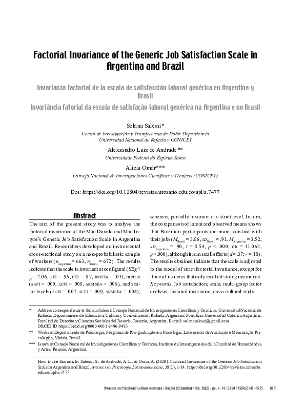 (PDF) Factorial Invariance of the Generic Job Satisfaction Scale in ...