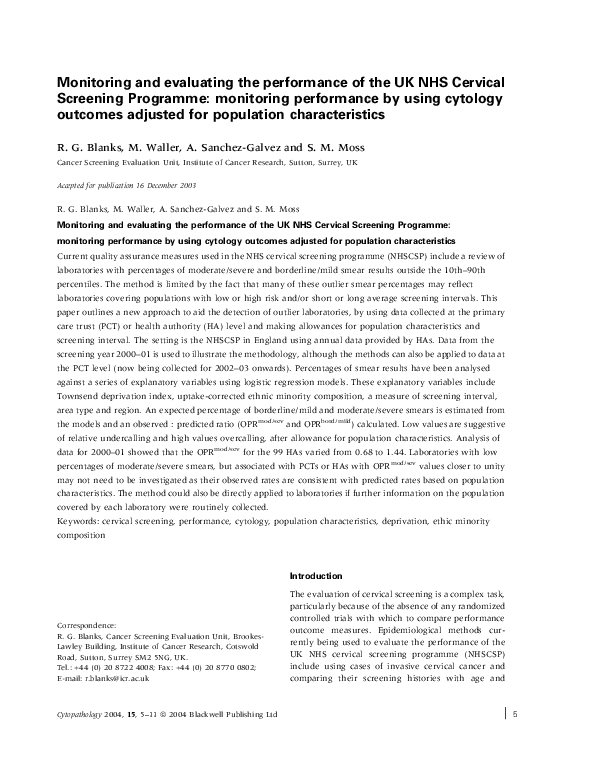 (PDF) Monitoring and evaluating the performance of the UK NHS Cervical ...