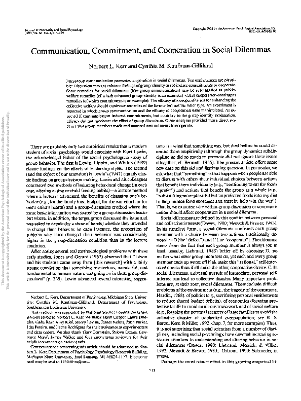 (PDF) Communication, commitment, and cooperation in social dilemma