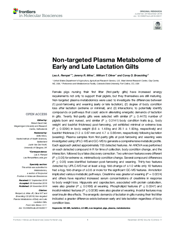 (PDF) Non-targeted Plasma Metabolome of Early and Late Lactation Gilts ...