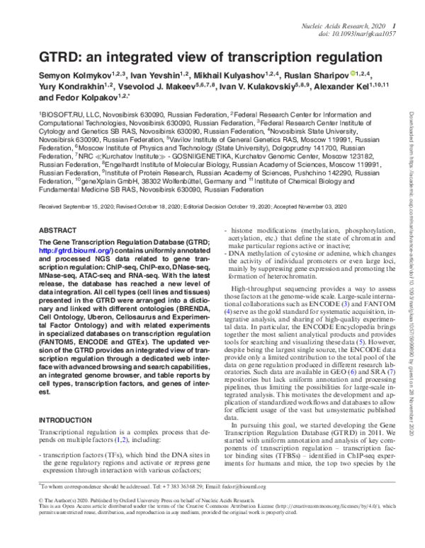 (PDF) GTRD: an integrated view of transcription regulation | Alexander ...