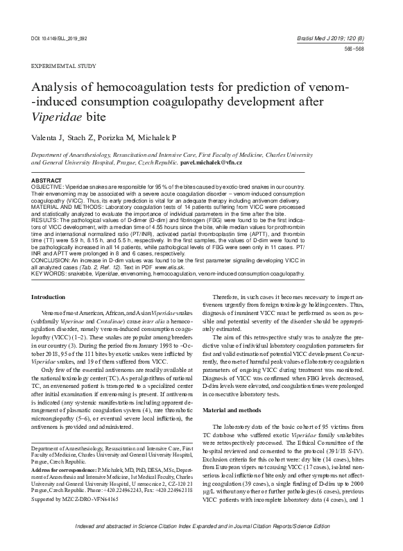 (PDF) Analysis of hemocoagulation tests for prediction of venom-induced ...