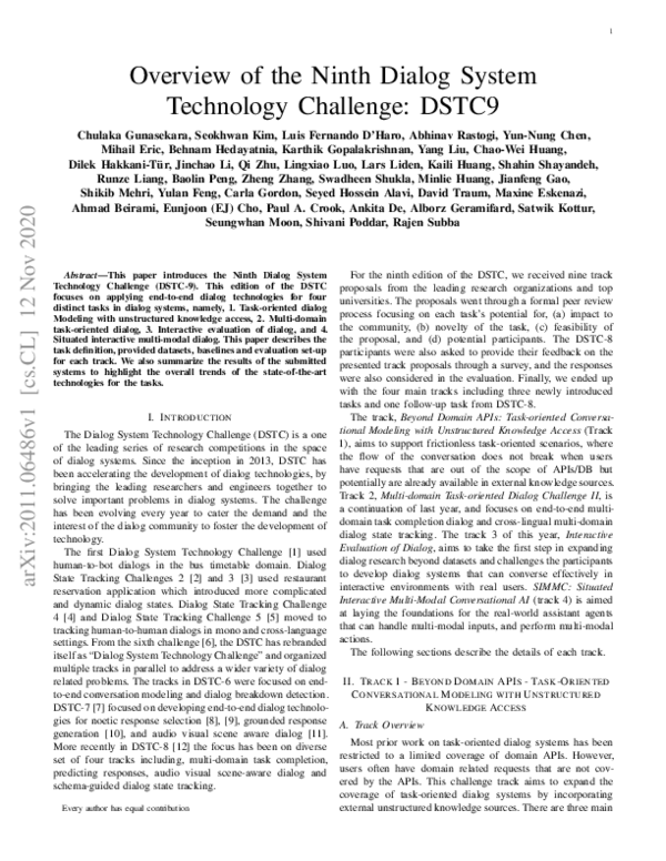 (PDF) DSTC-9: Overview of Dialog Systems and Task Evaluations