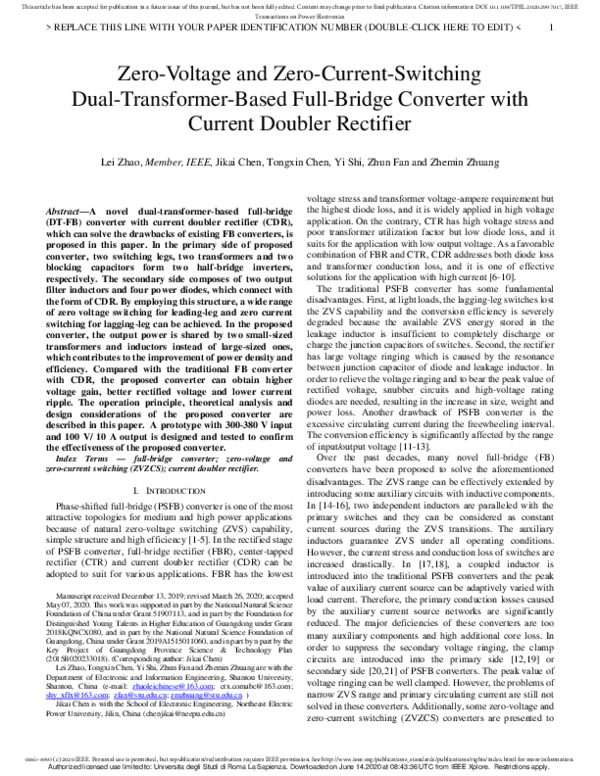 Pdf Zero Voltage And Zero Current Switching Dual Transformer Based Full Bridge Converter With