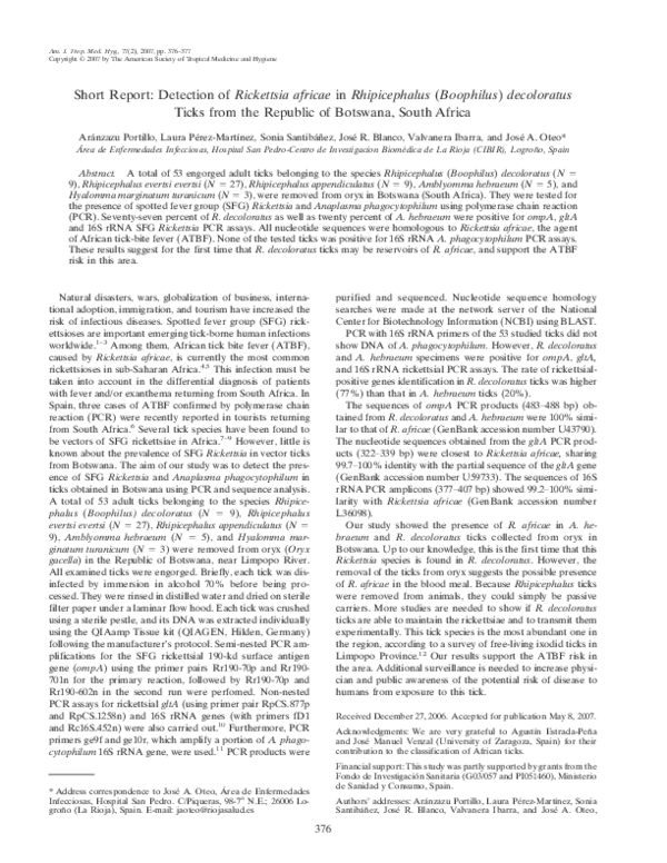 (PDF) Detection of Rickettsia africae in Rhipicephalus (Boophilus ...