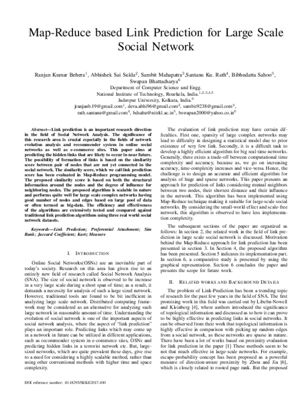 (PDF) Map-Reduce based Link Prediction for Large Scale Social Network | Ranjan Behera - Academia.edu