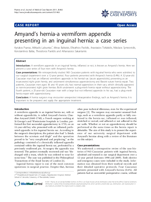 (PDF) Amyand's hernia-a vermiform appendix presenting in an inguinal hernia: a case series