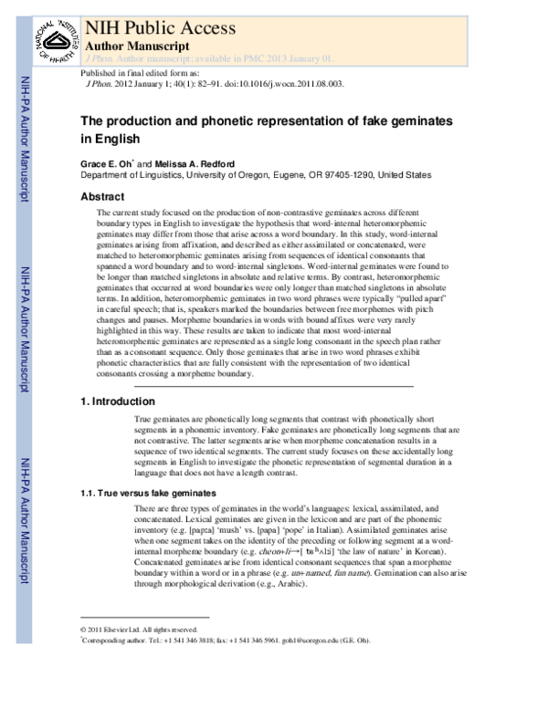 (PDF) The production and phonetic representation of fake geminates in ...