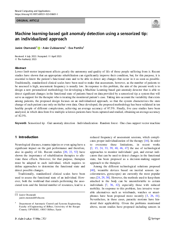 Pdf Machine Learning Based Gait Anomaly Detection Using A Sensorized Tip An Individualized