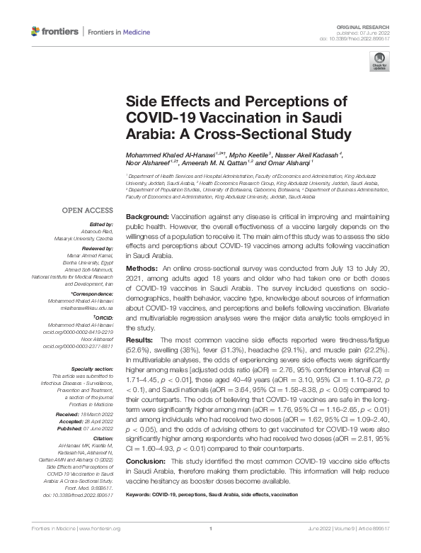 (PDF) Side Effects and Perceptions of COVID-19 Vaccination in Saudi ...
