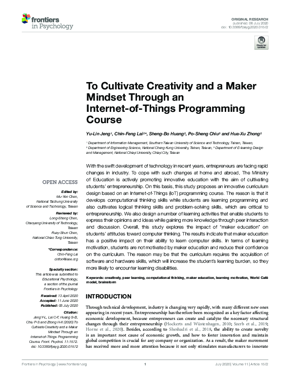 (PDF) To Cultivate Creativity and a Maker Mindset Through an Internet ...