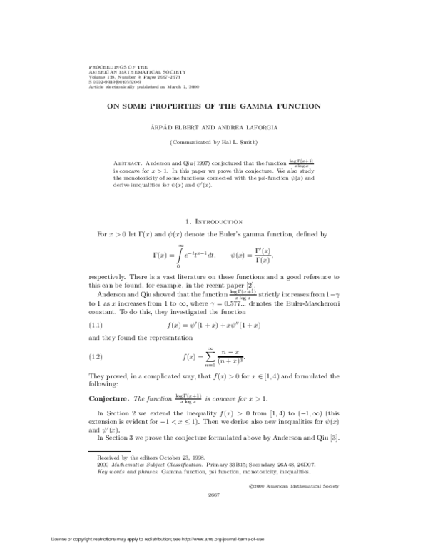 (PDF) On some properties of the Gamma function