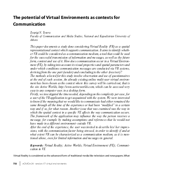 (PDF) The potential of Virtual Environments as contexts for Communication