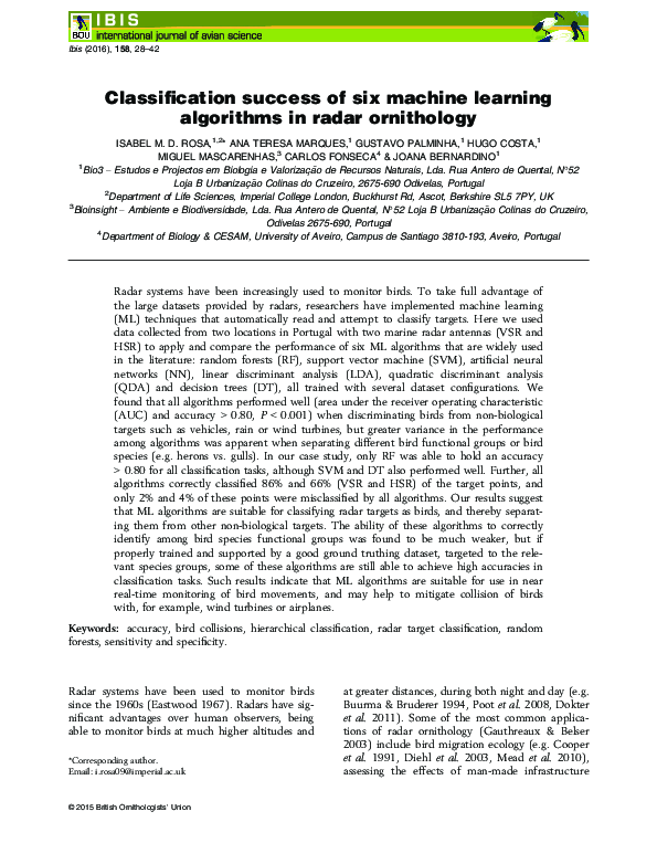 (PDF) Classification success of six machine learning algorithms in radar ornithology | Joana ...