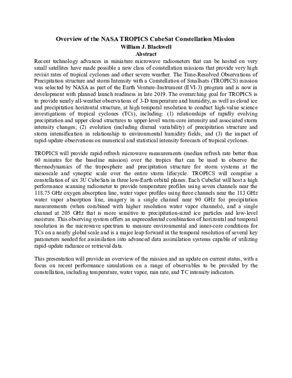 Pdf Overview Of The Nasa Tropics Cubesat Constellation Mission