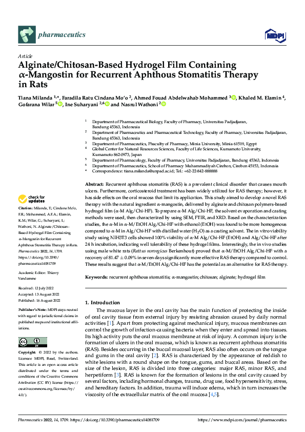 (PDF) Alginate/Chitosan-Based Hydrogel Film Containing α-Mangostin for ...