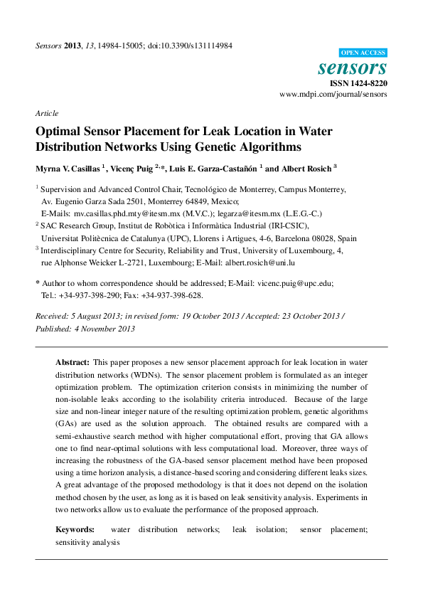 (PDF) Optimal Sensor Placement for Leak Location in Water Distribution Networks Using Genetic ...