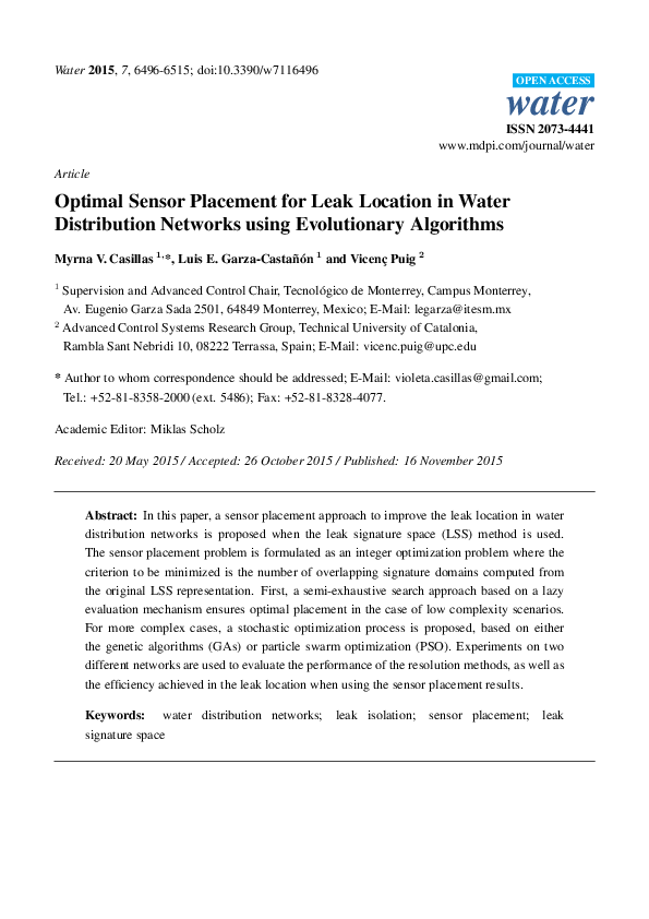 (PDF) Optimal Sensor Placement for Leak Location in Water Distribution Networks using ...