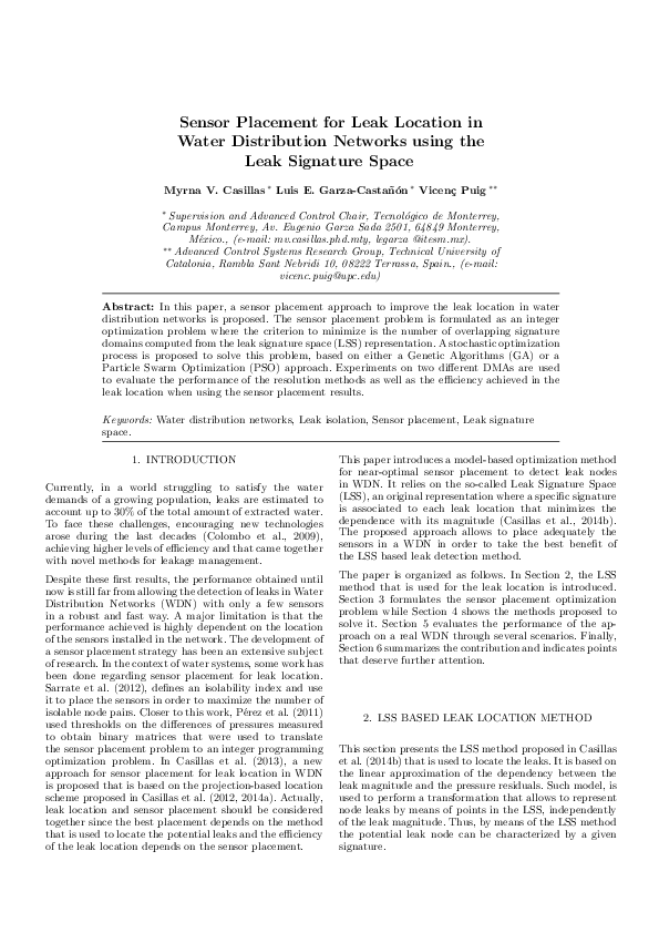 (PDF) Sensor Placement for Leak Location in Water Distribution Networks using the Leak Signature ...
