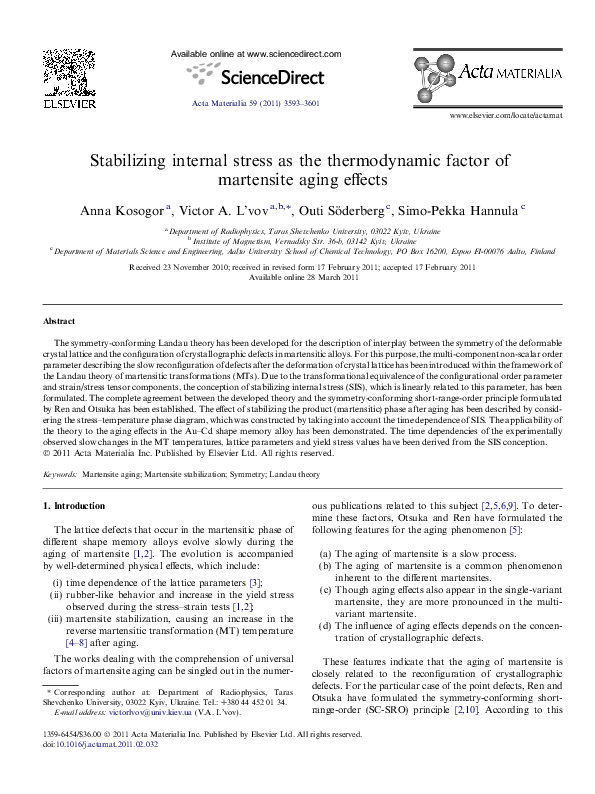 (PDF) Stabilizing internal stress as the thermodynamic factor of martensite aging effects