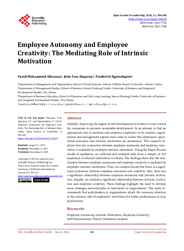 (PDF) Employee Autonomy and Employee Creativity: The Mediating Role of Intrinsic Motivation