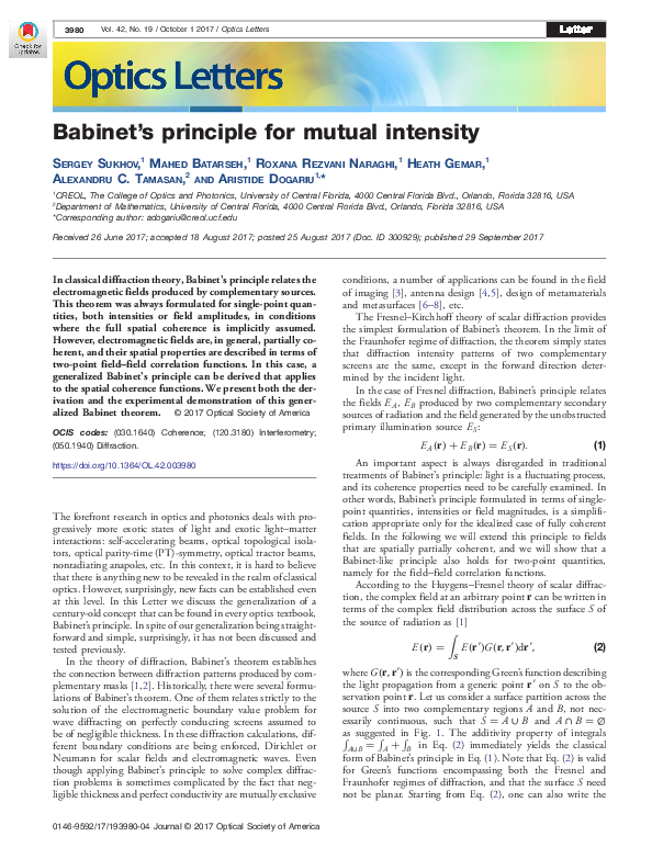 (PDF) Babinet’s principle for mutual intensity