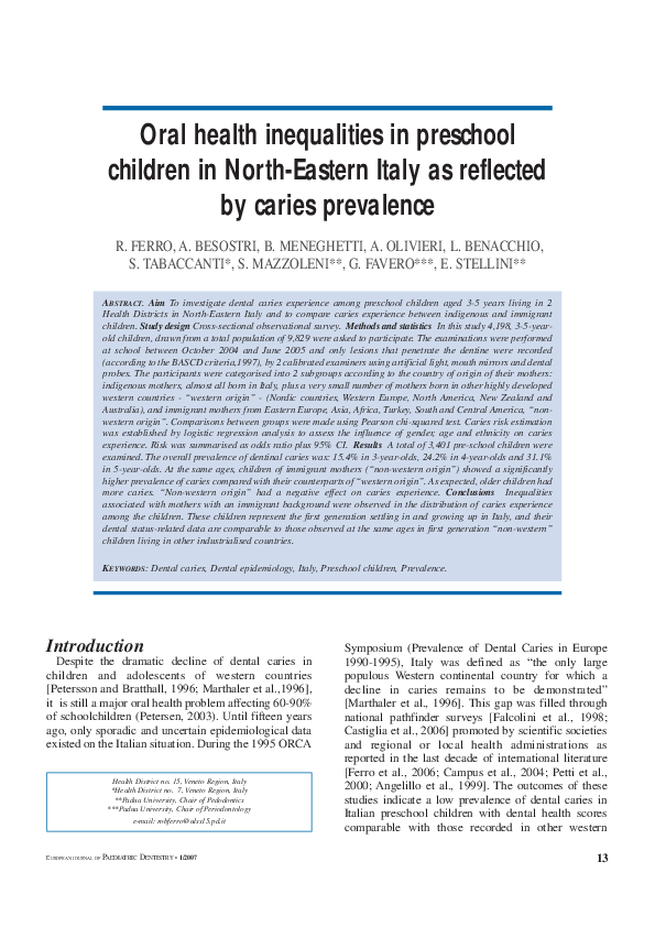 (PDF) Oral health inequalities in preschool children in North-Eastern ...